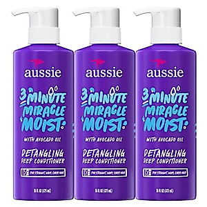 Aussie 3 Minute Miracle Moist Deep Conditioner for Dry Hair, Avocado & Jojoba Oil, Safe for Color Treated Hair, Nourishing Hydration, Silky Shine, Paraben-Free, 16 Fl Oz Each, Triple Pack