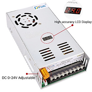 DROK 24V Power Supply, AC 110V/220V to DC 0-24V 20A 480W Buck Converter, Variable Adjustable Adapter Regulated 5V 12V 24V Volt Switching Voltage LED Transformer 20A Amp Charger for Computer Lab