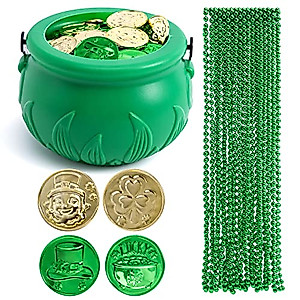 JOYIN 119 PCS St Patrick's Party Supplies Set with 1 Green Cauldron, 100 St Patrick’s Day Lucky Leprechaun Shamrock Plastic Coins and 18 Bead Necklaces for Saint Patricks Pot of Gold Party Supplies