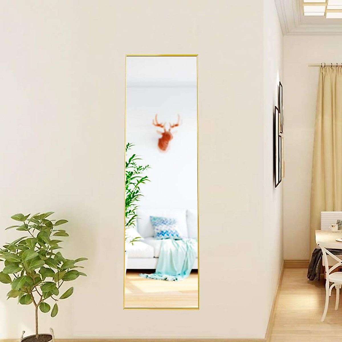TECNR Full Length Mirror Floor Mirror Hanging Standing or Leaning, Bedroom Mirror Wall-Mounted Mirror with Gold Aluminum Alloy Frame, 59" x 15.7"