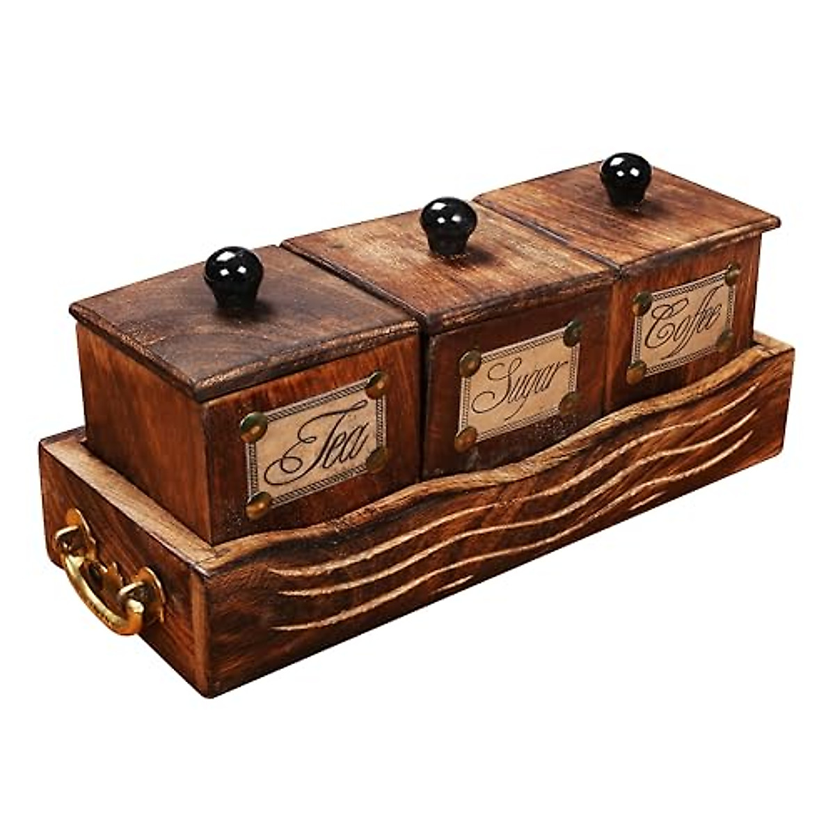 Wooden Handcrafted Tea Sugar Coffee 3 Canister Set with holder for Food Storage, Rustic Vintabe Farmhouse Country Home Décor - 10.5 x4 x4 Inches - Burnt