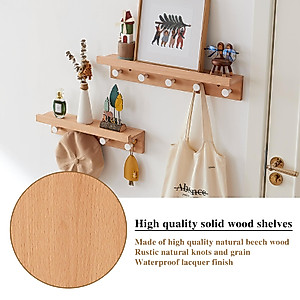 Sikflmi Wall Hooks with Shelf 24inch, Beech Wood Entryway Wall Hanging Shelf with 5 Hooks, Floating Shelf with Hooks Coat Rack for Bathroom, Living Room, Bedroom (24inch)