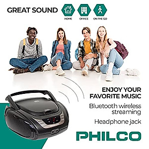 Philco Portable Bluetooth Boombox with CD Player | CD Player is Compatible with MP3/WMA/CD-R/CD-RW CDs | AM FM Radio with Bluetooth | 3.5mm Aux Input | Stereo Sound | LED Display | AC/Battery Powered