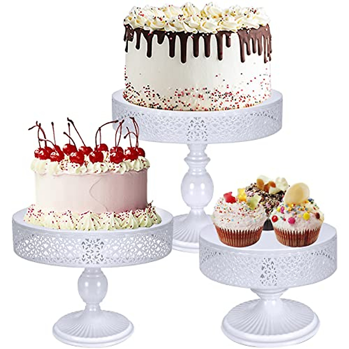 Peohud 3 Pack White Metal Cake Stands, 8"/10"/12" Round Cupcake Dessert Display Stand for Wedding, Birthday Party, Anniversary, Gatherings, White