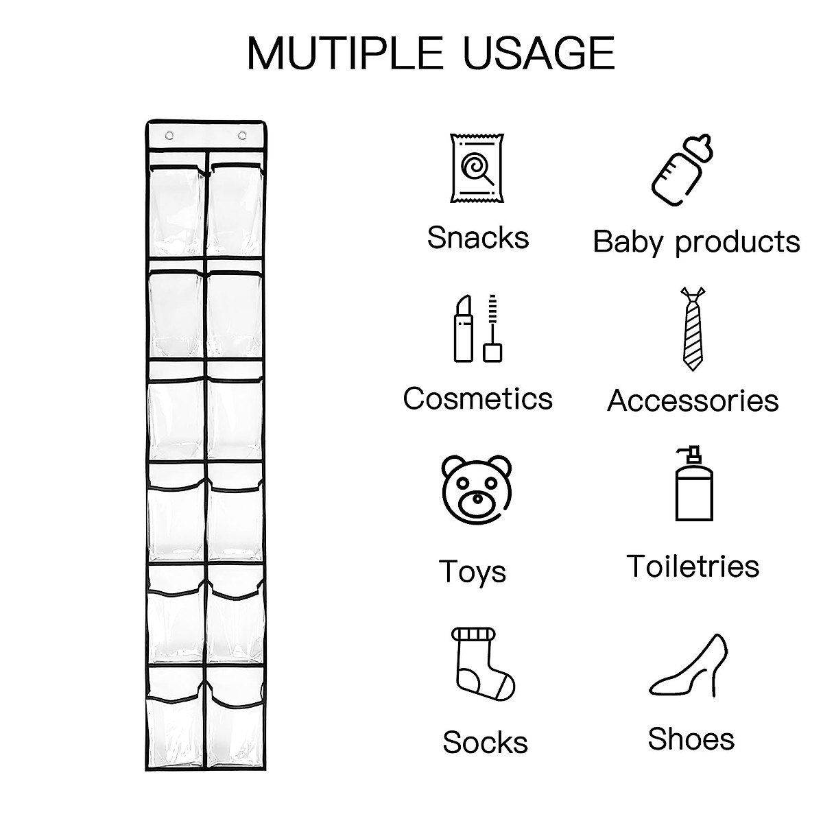TidyMaster 1 Pack 12 Clear Crystal Pockets Large Hanging Shoe Organizer Over The Door Shoe Rack for Closet Door Storage Shoe Holder Hanger, 2 Hooks, White (59'' x 11.4'')
