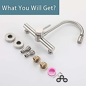 Wall Mount Unility Kitchen Sink Faucet Brushed 8 Inch Center Faucet with Gooseneck Swivel Spout Single Handle Kitchen Faucet Utility Laundry Restaurant Mixer Tap Stainless Steel Constructed Lead-Free