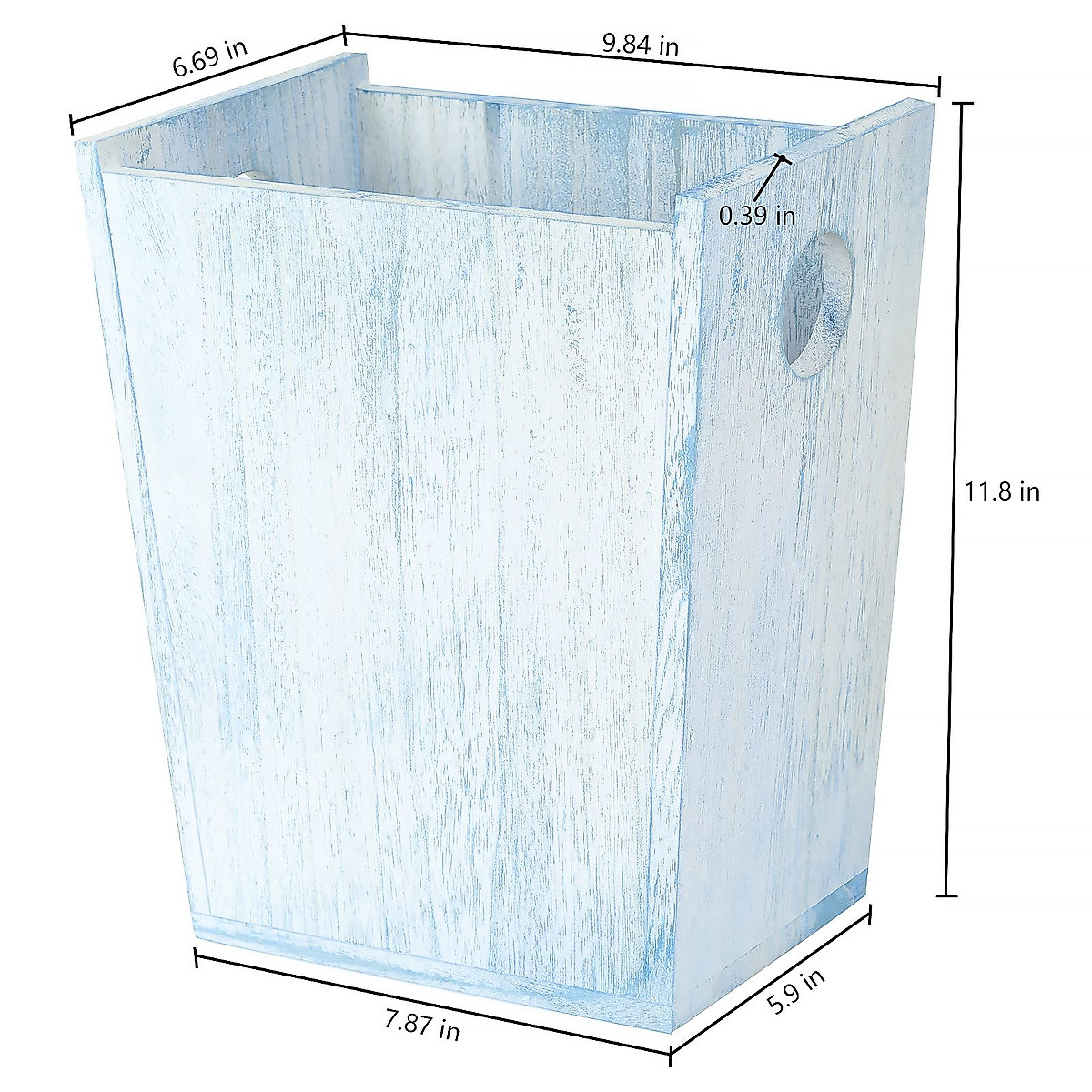 Rustic Wastebasket Wood Trash Can Farmhouse Bathroom Waste Bin with Built-in Double Round Handles for Office, Bedroom, and Bathroom, Blue White