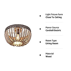 JEUNEU Wood Beaded Chandelier Boho Farmhouse Light Fixture Oak White Rustic 1 Light Semi Flush Mount Ceiling Light Fixtures for Hallway Baby's Nursery Bedroom Kitchen Living Room Island Living Room