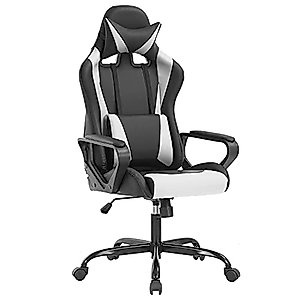 Ergonomic Office Chair PC Gaming Chair Cheap Desk Chair PU Leather Racing Chair Executive Computer Chair Swivel Rolling Lumbar Support for Women Men, White