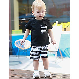 Hipealy Baby Boys Clothes Black Tops 0 6 12 18 24 Months 2 3 T Stripe Pocket Short Sleeve Top +Striped Pants Outfit Summer Clothing Set 18-24 months