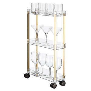 mDesign Slim Portable 3-Tier Household Rolling Storage Cart for Bathroom, Kitchen, Craft Room, Laundry Room, Office, and Kid's Playroom - 4 Rotating Wheels - Clear/Soft Brass