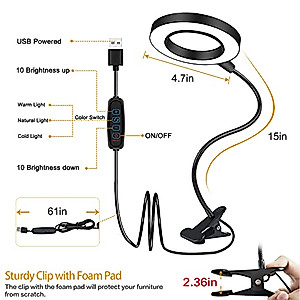 Clip on Light Reading Lamp for Bed, 4.7" USB Desk Light with Clamp 3 Lighting Modes10 Brightness, Eye Protection Book Clamp Light, 360° Flexible Gooseneck Table Light for Bed Headboard Makeup Eyebrow