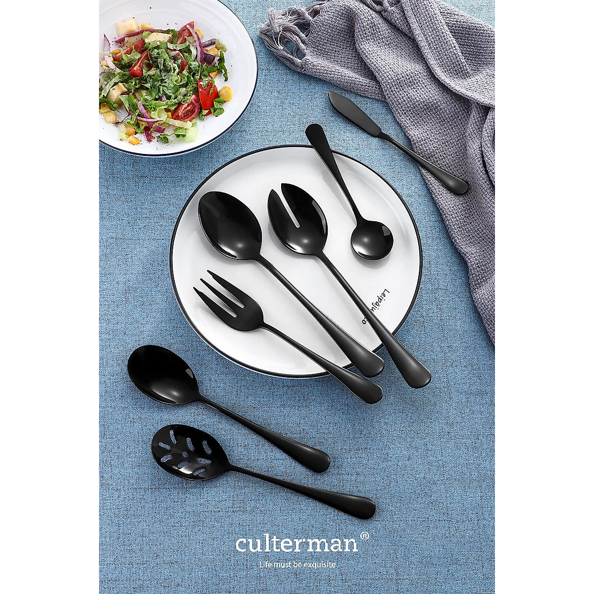 Black Serving utensils set. Stainless Steel Hostess Flatware Sets 7-Piece Includes Silverware Large Salad Serving Spoons, Forks & Slotted Spoons,sugar spoons,butter knife.Dishwasher Safe