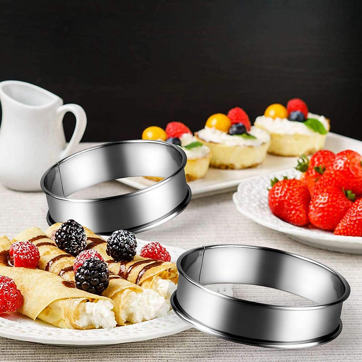 Gutsdoor 12 Pieces Muffin Tart Rings Crumpet Tart Rings Stainless Steel Metal Round Double Rolled English Muffin Rings Mold 3.15 Inch with Free Silicone Oil Brush, Cleaning Brush for Home Baking Tools