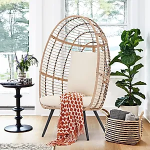 Patiorama Wicker Egg Chair Outdoor Indoor, Rattan Lounge Chair for Outside w/Legs Cushion, Basket Wicker Chair for Bedroom Living Room Front Porch Backyard Garden 350 lbs Capacity (Creamy White)
