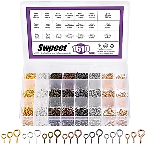 Swpeet 1610Pcs 0.16 Inch 0.2 Inch 0.24 Inch 3 Sizes Screw Eye Pins Metal Screw-in Eye Bolts Screw Eyes Hooks Kit, Small Screw Pins Mini Metal Eye Screw crew Eyes Hooks Self-Tapping Screws Hooks
