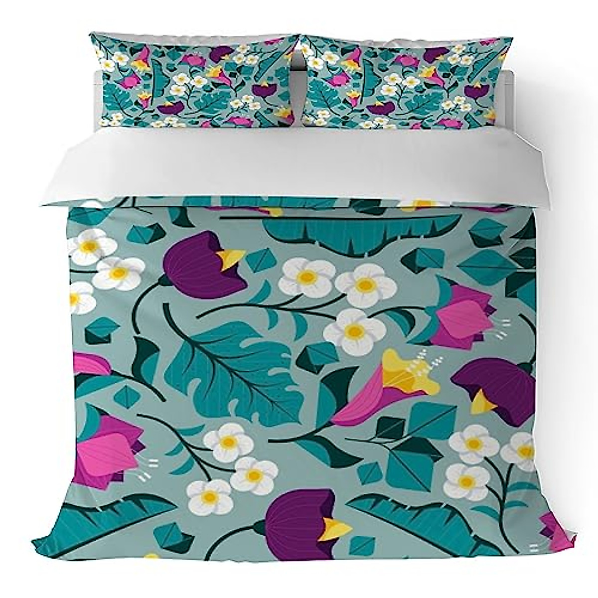 Duvet Cover Sets California King -Colorful Floral Leaves-Bedding Comforter Set Breathable SetsSoft Microfiber 3 Pcs