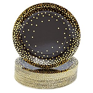 BLUE PANDA 48-Pack Black and Gold Party Plates, 7 Inch Paper Plates for Birthday Cake and Desserts
