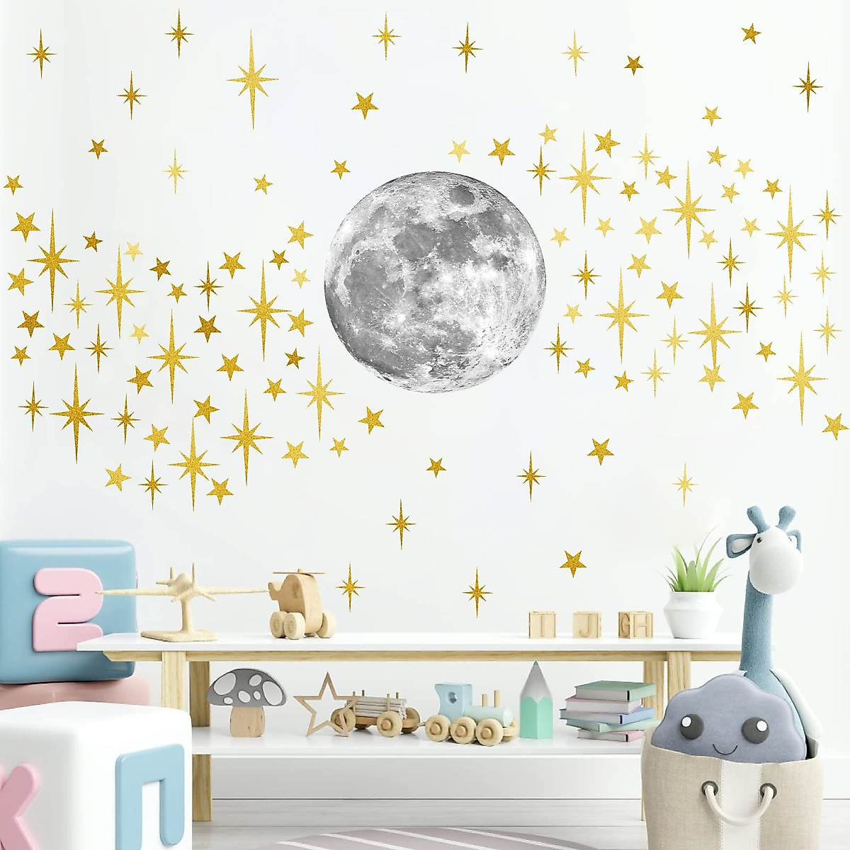 Moon and Stars Wall Decal Moon Wall Sticker Gold Star Decals Peel and Stick Wall Stickers Mural for Kids Baby Room Nursery Wall Decor Vinyl Star for Ceiling Wall Decals for Bedroom Playroom Decoration