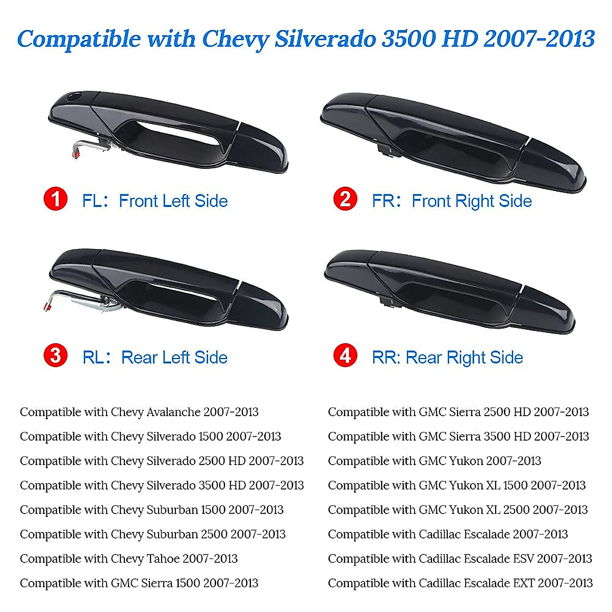 JDMON Compatible with Exterior Door Handle 4Pcs Front & Rear Driver & Passenger Side Chevy Silverado Tahoe Suburban GMC Sierra Yukon Cadillac Escalade Pickup SUV 2007-2013 Replaces 20828237, 20954796