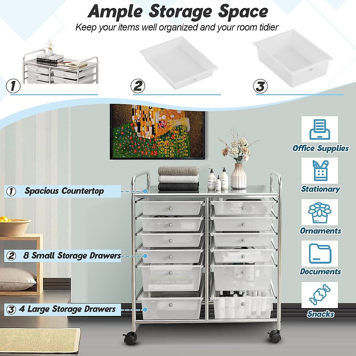 COSTWAY 12-Drawer Rolling Storage Cart, Moveable Art Craft Organizer W/Lockable Wheels, Metal Shelf, Files Arrangement Tools Makeup Storage Cart for Office, Home, School (Clear)