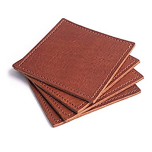 American Made Leather Coasters - Premium Full Grain Leather, Double Layered Square Rustic Brown Coaster Set, 4”x4” - Handmade in The USA - Set of 4