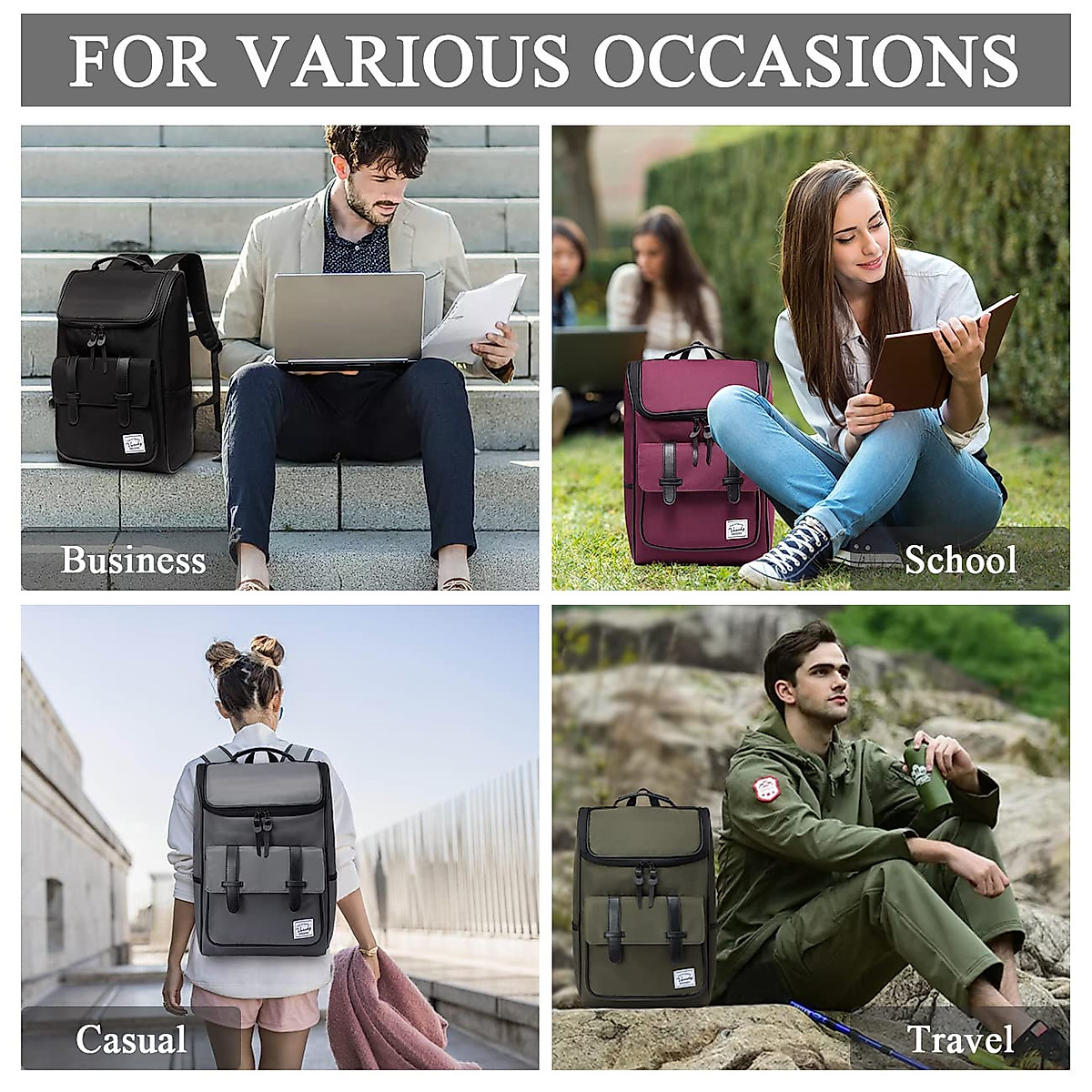 VASCHY Backpack for men, Vintage Water Resistant Daypack Rucksack College School Backpack with Padded 15.6 inch Laptop Compartment