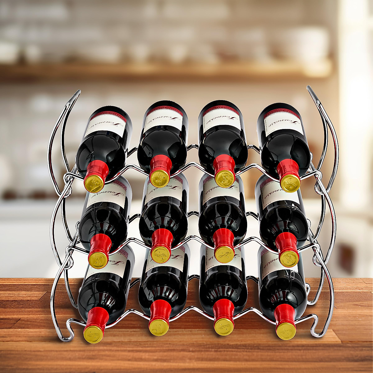 Sorbus® 3-Tier Stackable Wine Rack - Classic Style Wine Racks for Bottles - Perfect for Bar, Wine Cellar, Basement, Cabinet, Pantry, etc - Hold 12 Bottles, Metal (Silver)