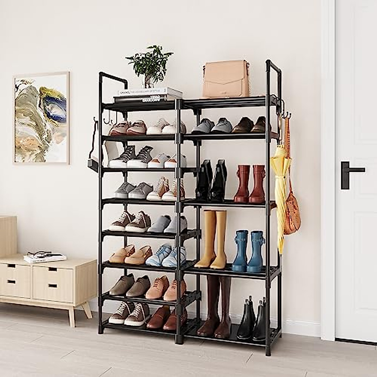 COAPUKT 8 Tiers Metal Shoe Rack Organizer 26-32 Pairs Shoe Tower Unit Shelf,Tall Shoe Storage,Shoe Holder,Shoe Stand,Lager Shoe Storage Organizer for Closet Door, Entryway(Black)