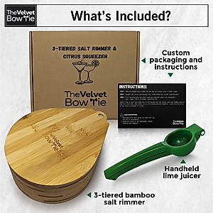 The Velvet Bow Tie | Margarita Salt Rimmer Set | 3 Tiered Bamboo Glass Rimmer | Handheld Citrus Juicer | Sugar and Salt Rimmer for Cocktails | Cocktail Accessories for Drinks