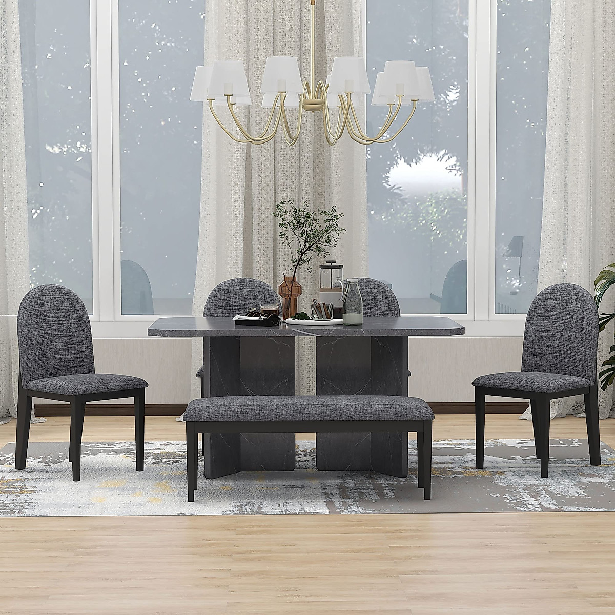 6-Piece Modern Style Dining Table Set with 4 Upholstered Dining Chairs and 1 Bench, Wood Dining Table with Faux Marble Table for Kitchen Living Room, Dining Table Set for 6 (Gray + Solid Wood-A033)