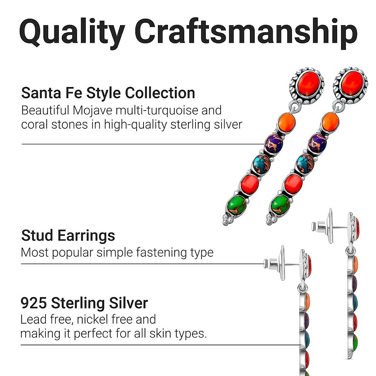 Santa Fe Style Genuine Turquoise 925 Sterling Silver Multi Drop Earrings for Women Southwest Jewelry Birthday Gifts for Women