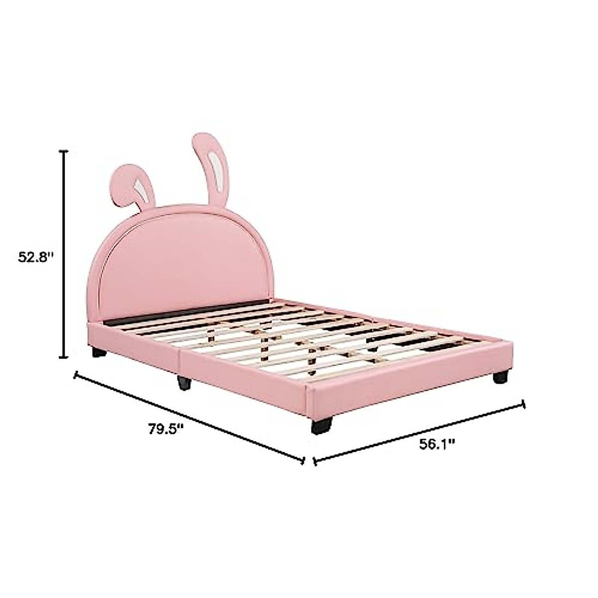 Merax Full Size Upholstered Leather Platform Bed with Bunny Ears Headboard, Platform Bed Frame with Rabbit Ornament for Kids, Child's Bedroom, No Box Spring Needed, Pink