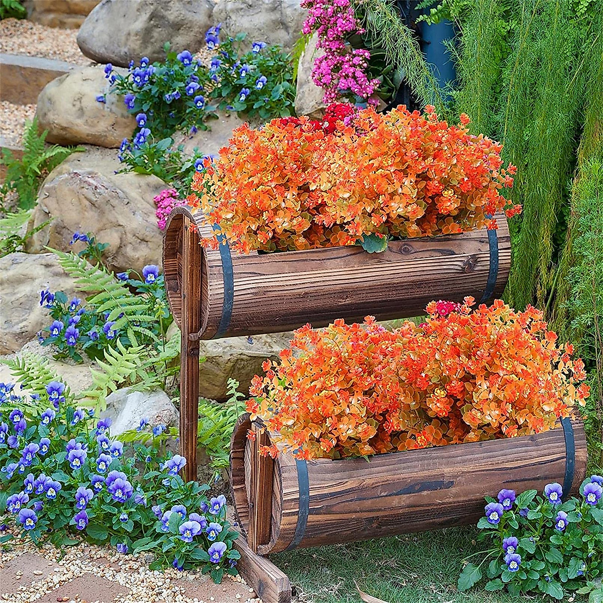 8 Pack Fall Artificial Flowers Outdoors No Fade Autumn Faux Plants Outside, UV Resistant Indoor Fake Hanging Greenery Shrubs for Wedding Window Box Thanksgiving Christmas Home Decoration (Fall Orange)