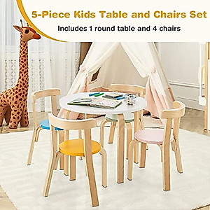 HONEY JOY Kids Table and Chair Set, Bentwood Toddler Round Table and 4 Chairs for Craft Art, Building Block, 5-Piece Children Furniture Set for Daycare, Kindergarten, Playroom (Colorful)