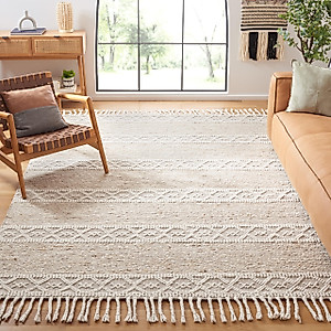 SAFAVIEH Natura Collection Area Rug - 8' x 10', Ivory & Beige, Handmade Moroccan Boho Farmhouse Rustic Tassel Wool, Ideal for High Traffic Areas in Living Room, Bedroom (NAT295A)