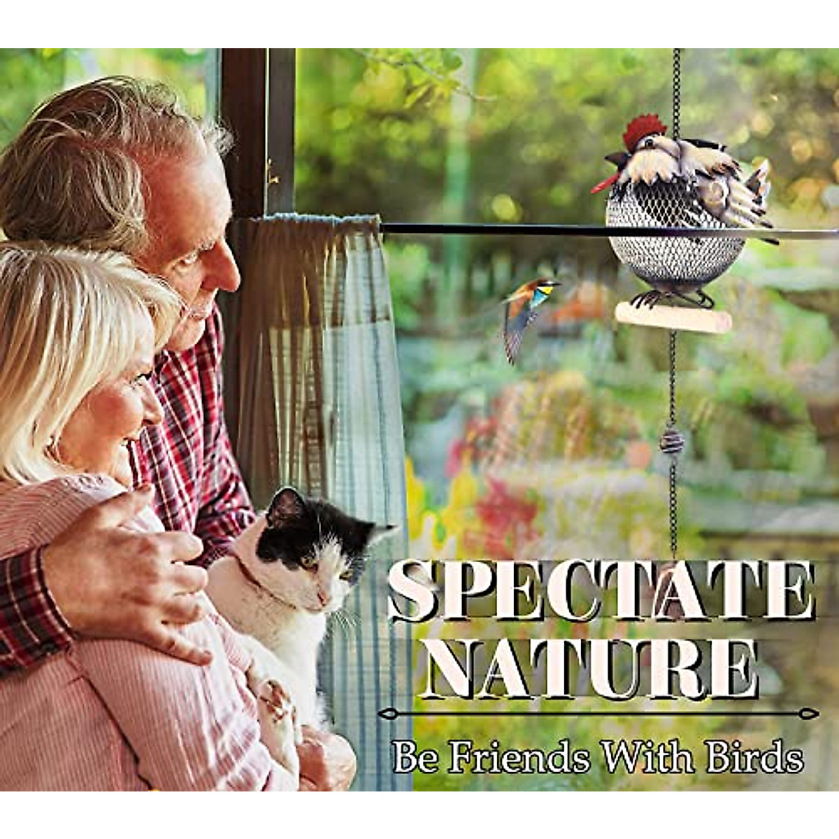 wtreew Solar Rooster Bird Feeder Squirrel Proof for Outside - Unique Cute Metal Animal Shaped Wild Bird Feeder with Solar Light, Wind Chime, Gift for Bird Lovers(Rooster)