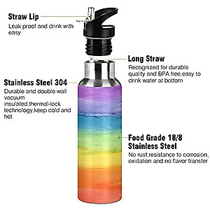 AUUXVA Colorful Stripe Rainbow Water Bottle Vacuum Insulated Stainless Steel Thermos Mug Kids Water Bottle with Straw and Handle Keep Hot Cold Sport Bike Fit Travel Outdoor 20 oz