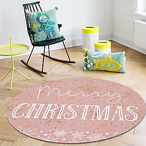 Merry Christmas Round Area Rug 5ft,Washable Outdoor Indoor Carpet Runner Rug for Bedroom,Kitchen,Bathroom,Living/Dining/Laundry Room,Office,Area+Rug Bath Door Mat Blush Pink Gold Winter Snowflake