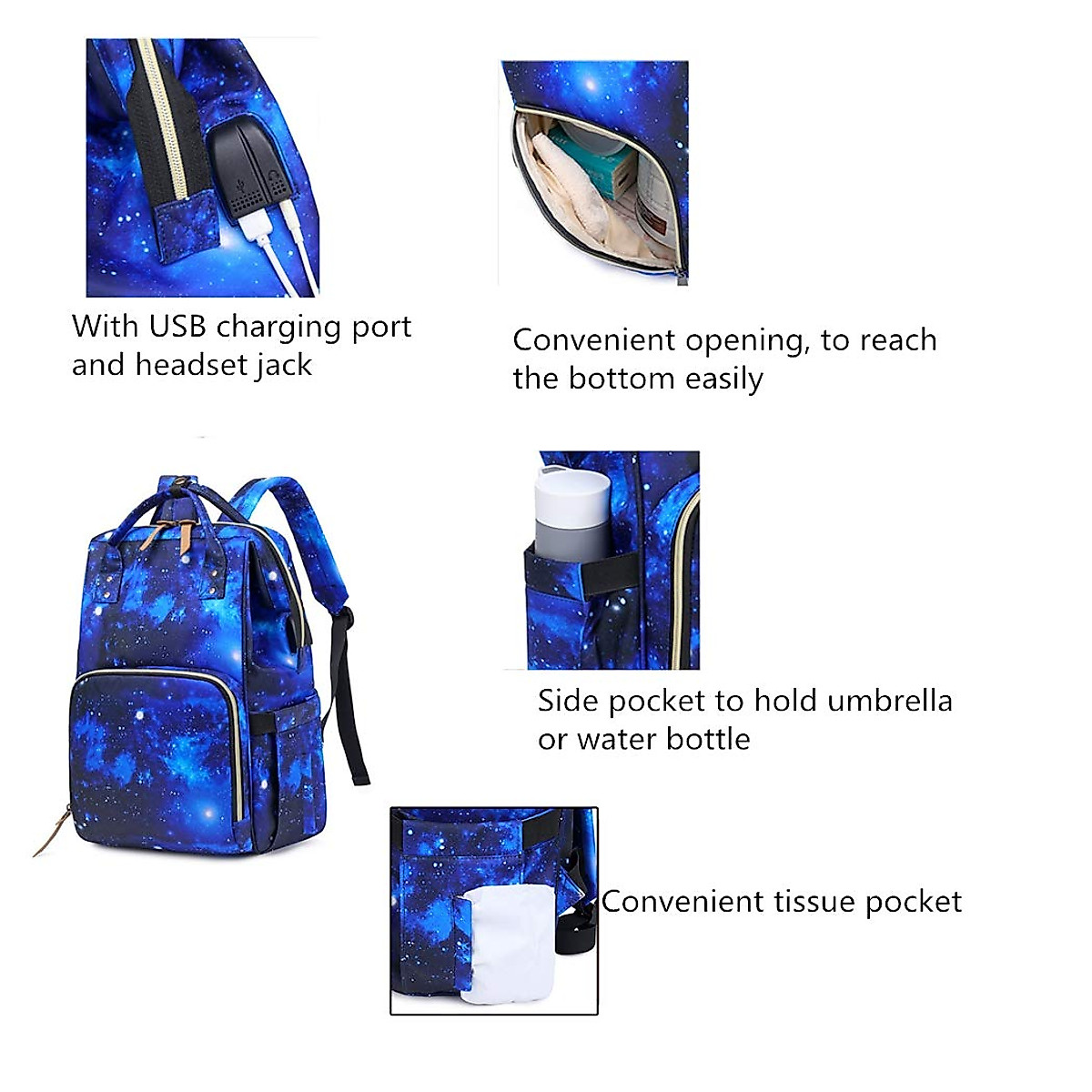 Galaxy Prints Mommy Diaper Bag Backpack Large Capacity Maternity Baby Nappy Changing Bags with USB Charger