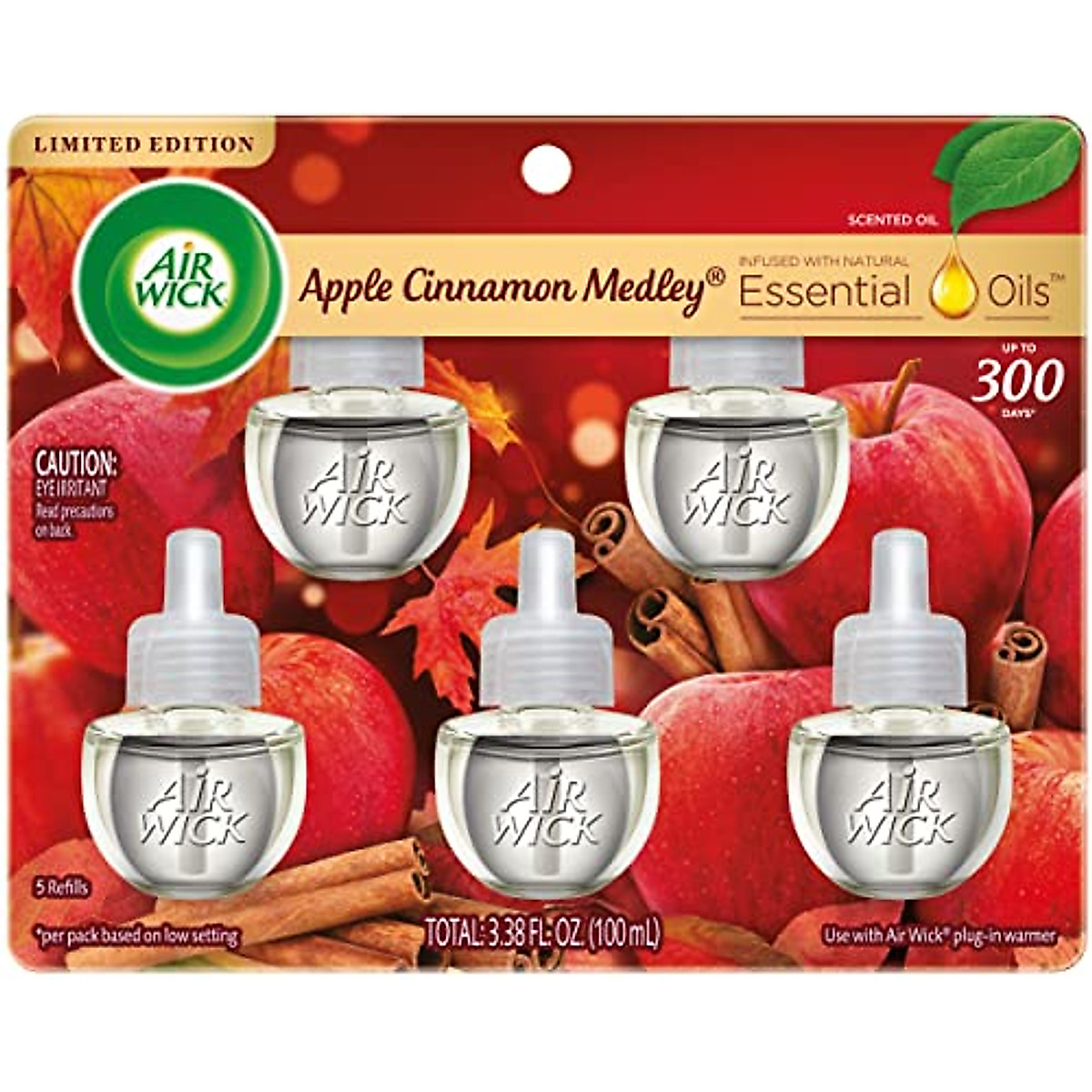 Air Wick Plug in Scented Oil Refill, Apple Cinnamon Medley, 5ct, Air Freshener, Essential Oils