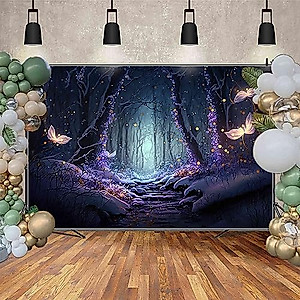 MOONDECO Photography Backdrop 7x5ft Butterfly Wonderland Forest Road Birthday Background Children Bluey Party Photo Booth Props Fire Fly Lamp Light Decorations