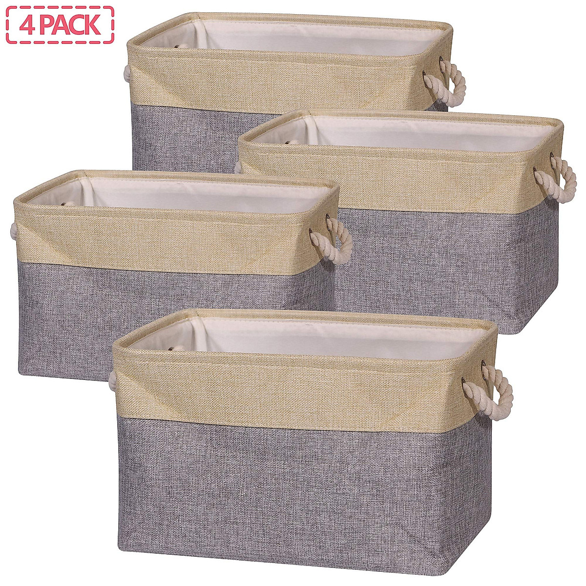 TENABORT Set of 4 Large Storage Basket Bin, Foldable Storage Cube Box Canvas Fabric Collapsible Organizer with Handles for Closet Home Office Clothes Shelf Nursery, Grey and Beige