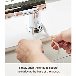 YAMAZAKI Home Faucet-Hanging Sponge Caddy Kitchen Sink Dish Soap Bottle Brush Scrubber Organizer Holder, Metal with Silicone Protection | Steel, One Size, White