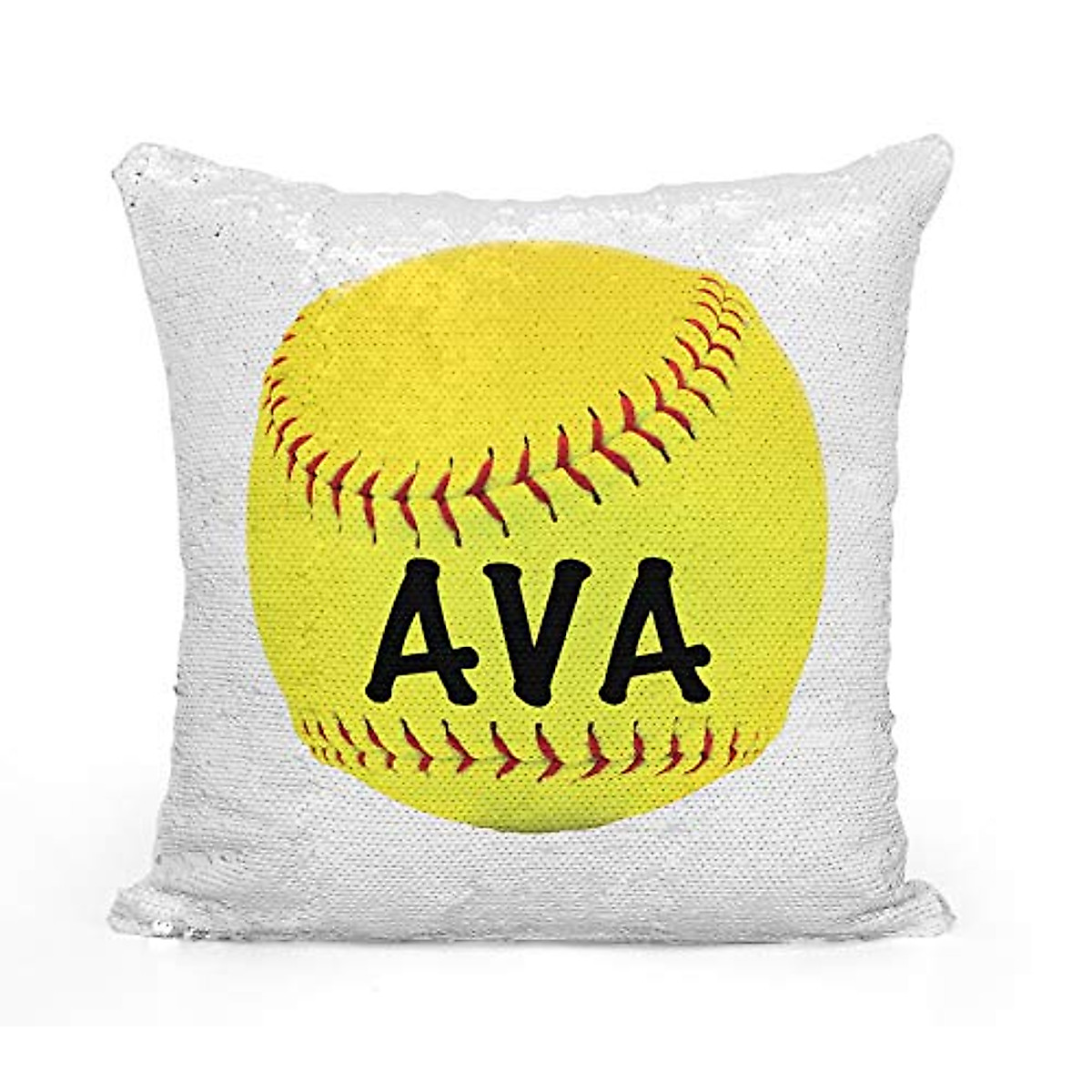 Violet Victoria & Fan Star Personalized Softball Sequin Mermaid Flip Pillow (Silver Sequins - Pillowcase Only)