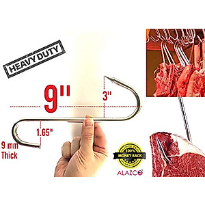 4pc 9" Heavy Duty & Thick ALAZCO Stainless Steel Meat Processing Butcher Hook - Wild Game, Smoking Ribs BBQ Large Fish, Hunting, Carcass Deer Hanging S-Hook Excellent Quality 9mm Thick