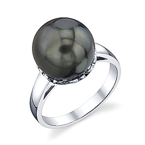 The Pearl Source 10-11mm Genuine Black Tahitian South Sea Cultured Pearl Laurel Ring for Women
