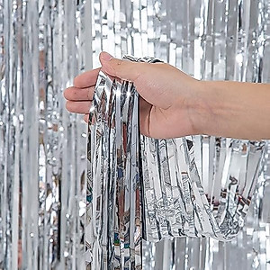 4 Pack 3.2x8.2ft Tinsel Foil Fringe Curtains, Streamers Backdrop Curtains with Adhesive, Photo Booth Background - Home Wall Window Decorations for Birthday, Wedding Party Decor, Silver
