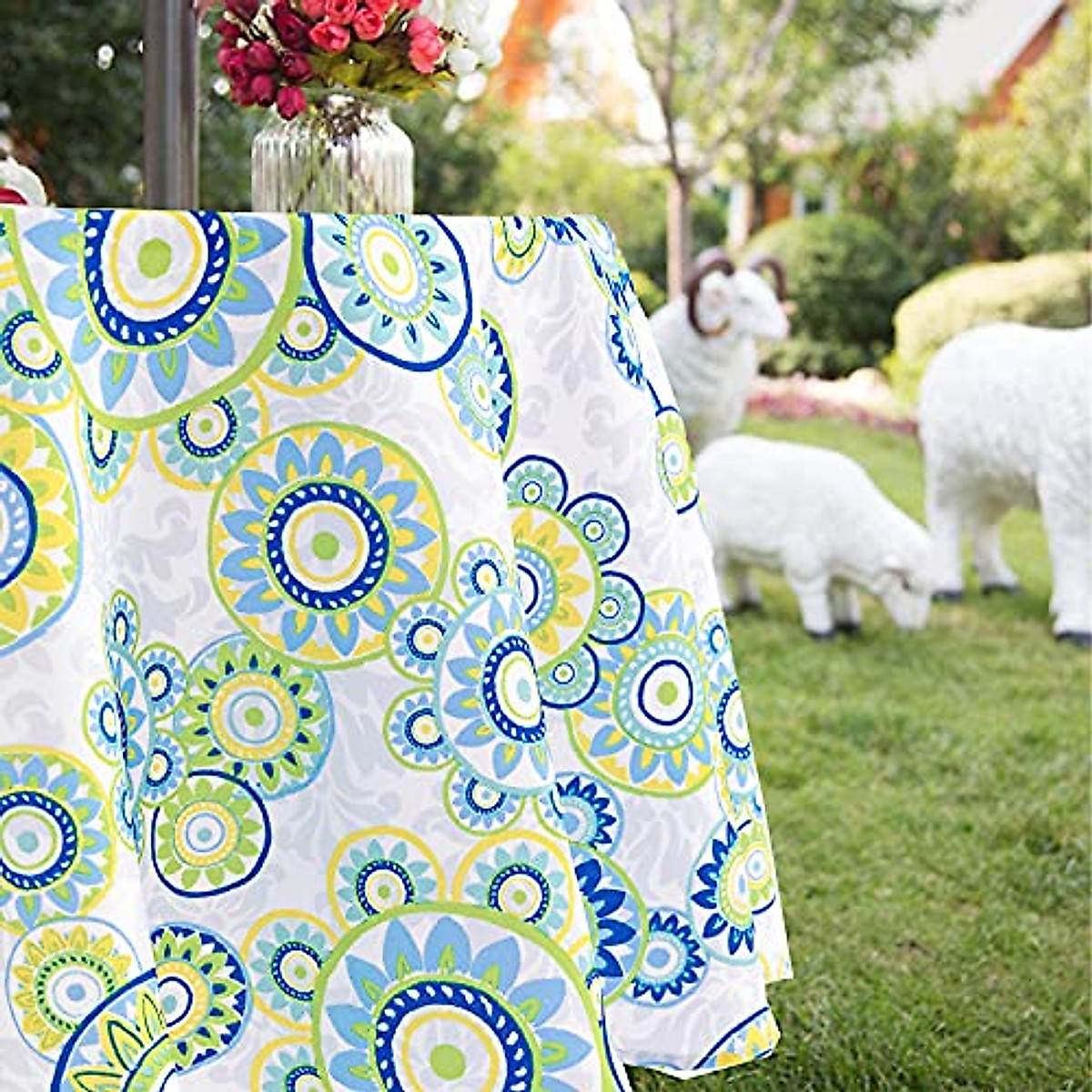 Lamberia Waterproof Tablecloth with Umbrella Hole, 60 Inch Round Tablecloth, Spring/Summer Table Cover for Garden(60" Round, Zippered, Light Blue)