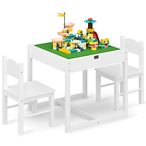 4NM 3 in 1 Kids Table Set for 2, Children Table and Chairs, Toddler Play Activity Table with Hidden Storage Wood Building Block Table Desk for Ages 3-7 - White Green